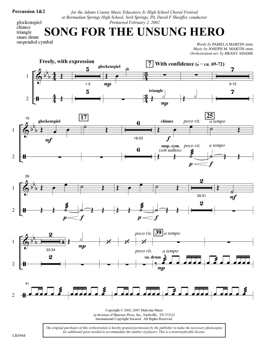 Song for the Unsung Hero - Percussion 1 & 2 by Joseph M. Martin - Choir ...