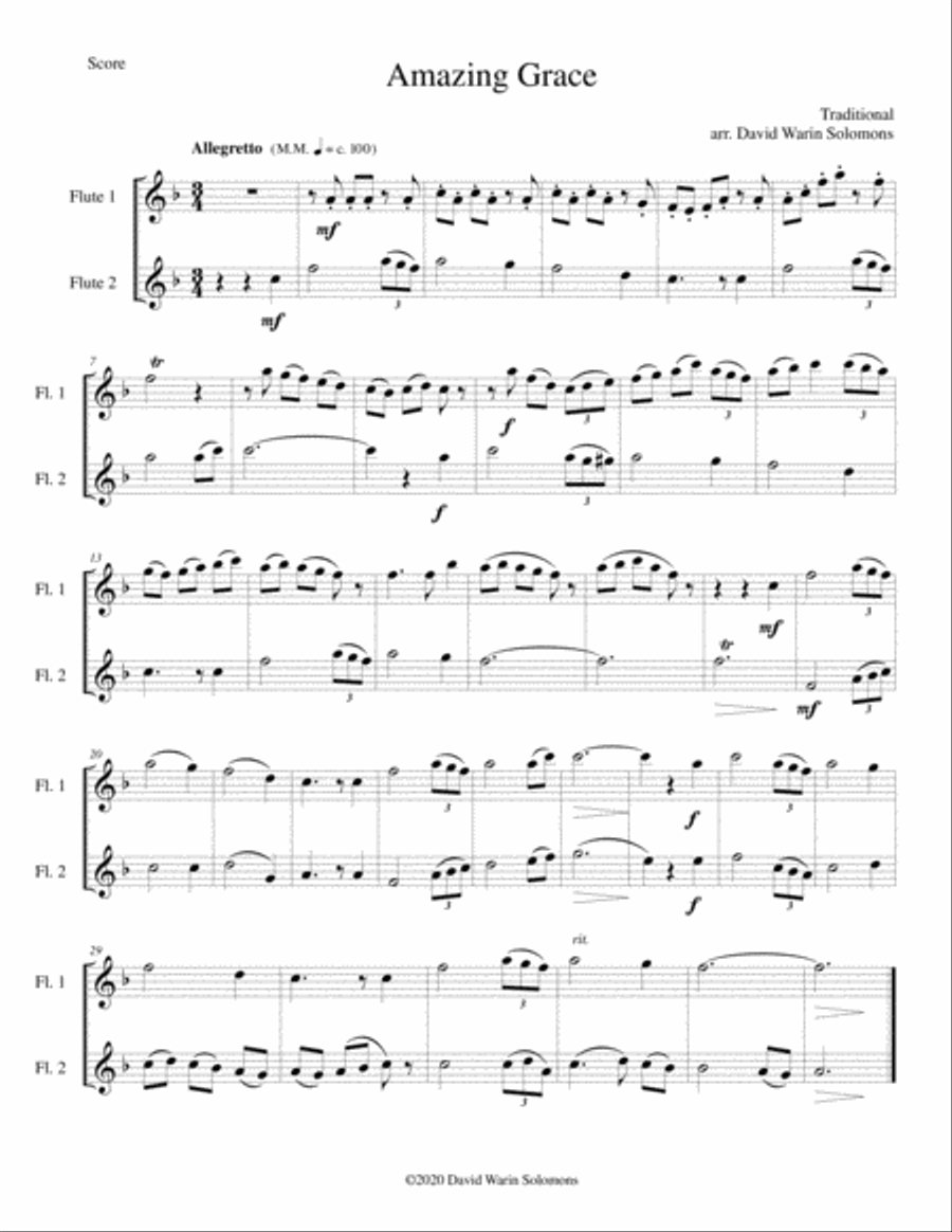 Amazing Grace arranged for 2 flutes by Traditional - Flute Duet ...