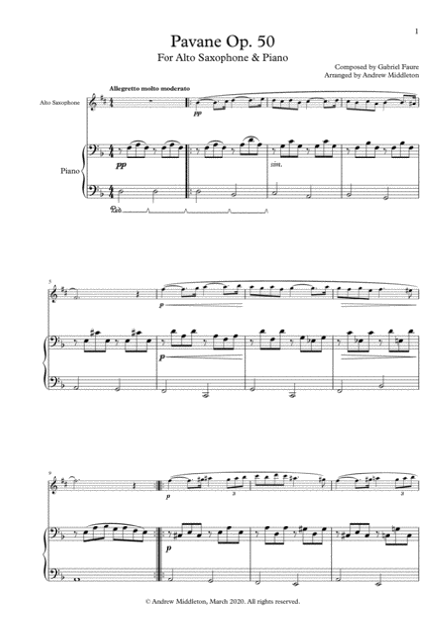 Pavane Op. 50 arranged for Alto Saxophone and Piano by Gabriel Faure ...