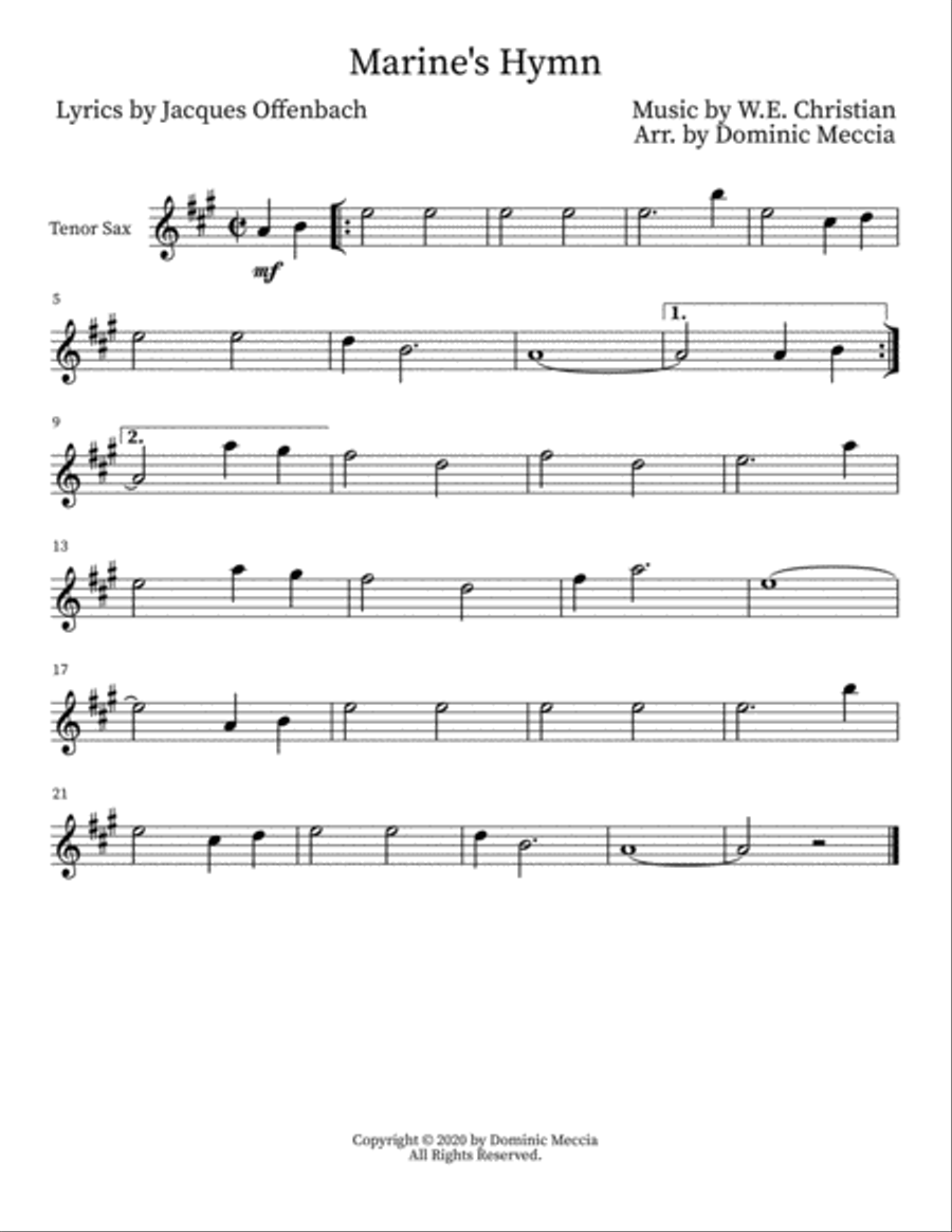 Marine's Hymn by Jacques Offenbach - Tenor Saxophone - Digital Sheet ...