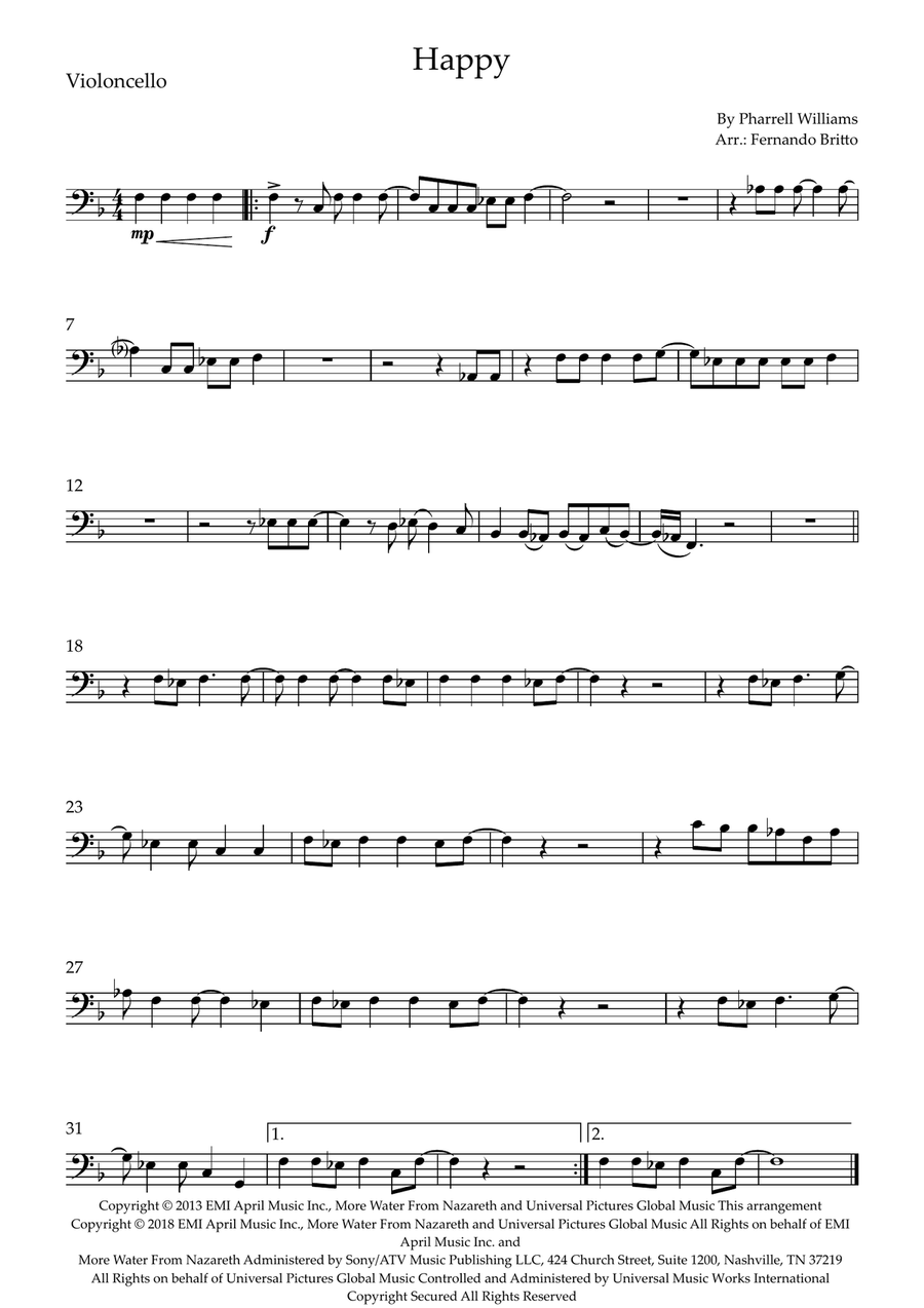 Happy by Pharrell - Cello Solo - Digital Sheet Music | Sheet Music Plus