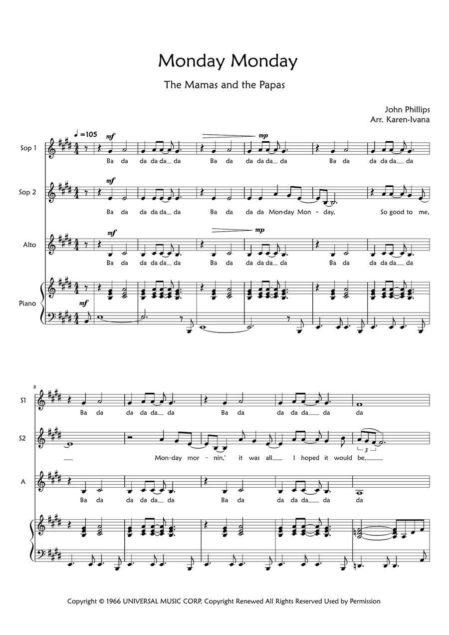 Monday, Monday by The Mamas And The Papas - SSA - Digital Sheet Music ...