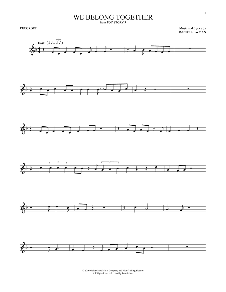 We Belong Together (from Toy Story 3) by Randy Newman - Recorder ...