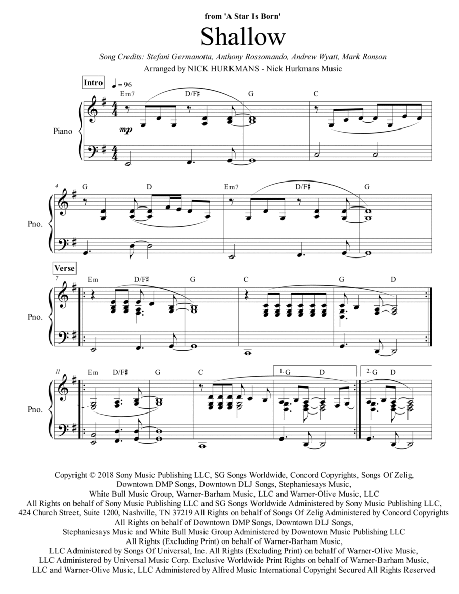 Shallow by Lady Gaga - Piano Solo - Digital Sheet Music | Sheet Music Plus