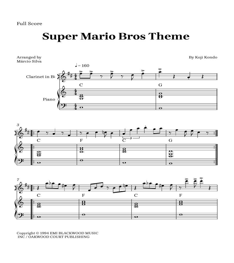 Super Mario Bros Theme - B-Flat Clarinet, Piano, Clarinet Solo ...