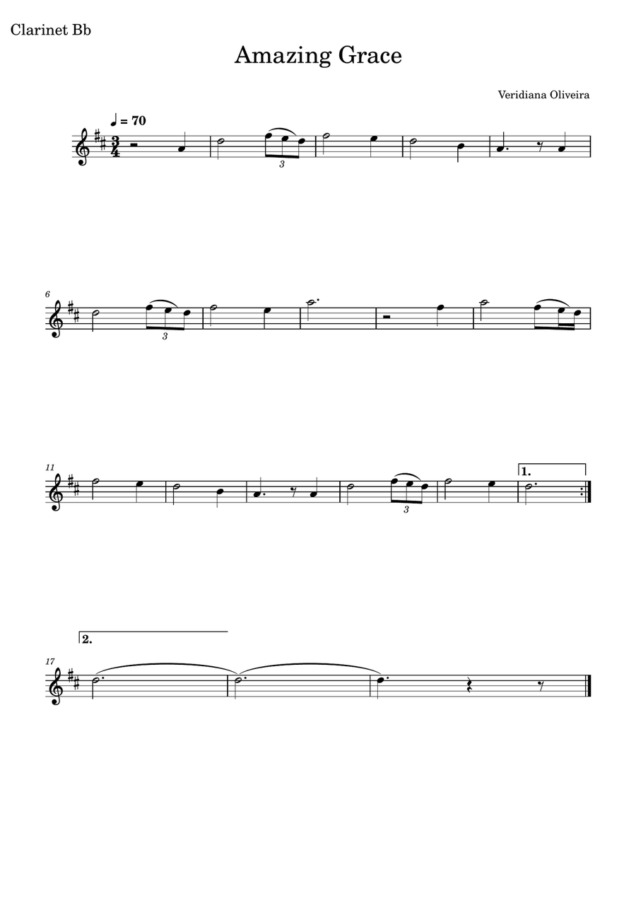 Amazing Grace, for Clarinet ,in D Major - B-Flat Clarinet - Digital ...