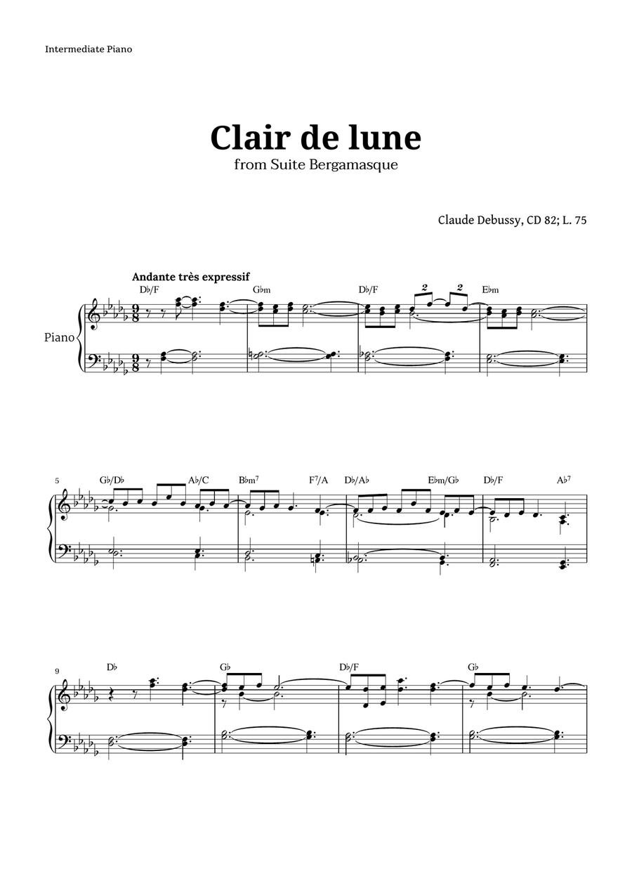 Clair de Lune by Debussy for Intermediate Piano by Claude Debussy ...