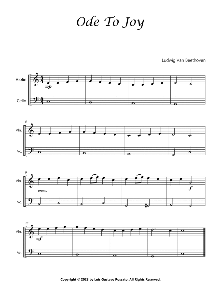 Ode To Joy Violin And Cello By Ludwig Van Beethoven String Duet
