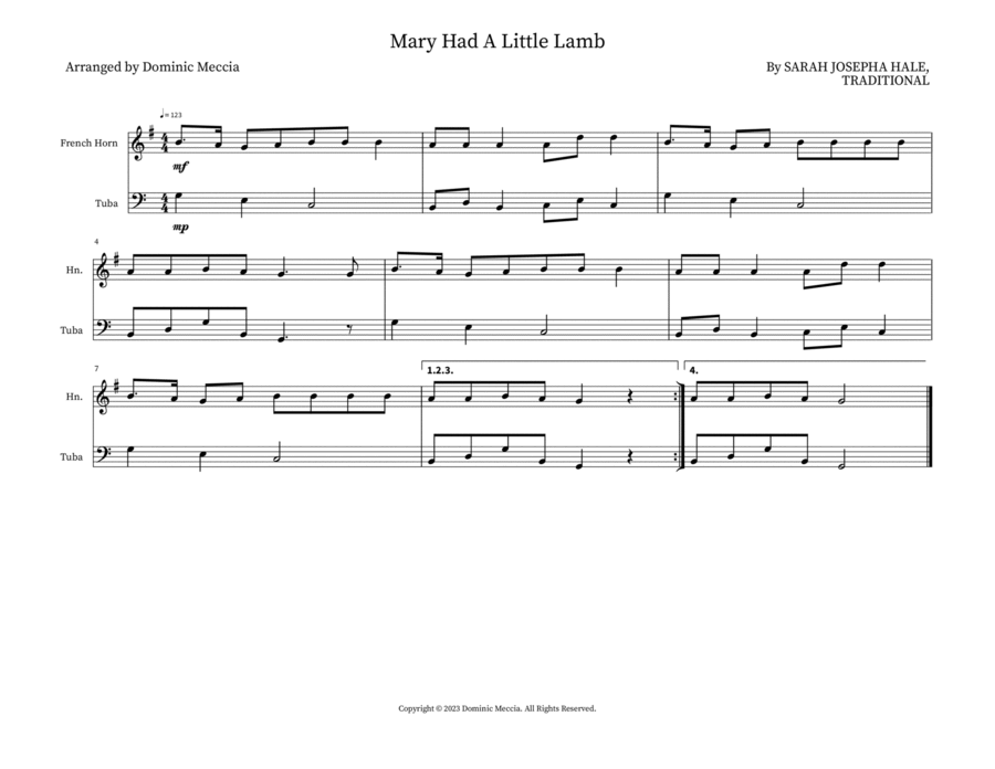 Mary Had A Little Lamb by Traditional - Brass Duet - Digital Sheet ...