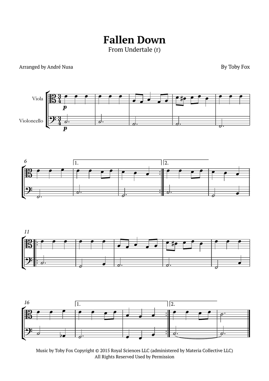 Fallen Down by Toby Fox - String Duet - Digital Sheet Music | Sheet ...