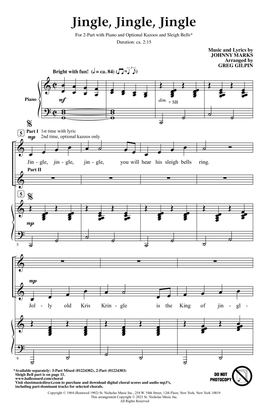 Jingle, Jingle, Jingle (arr. Greg Gilpin) by Johnny Marks - 2-Part ...