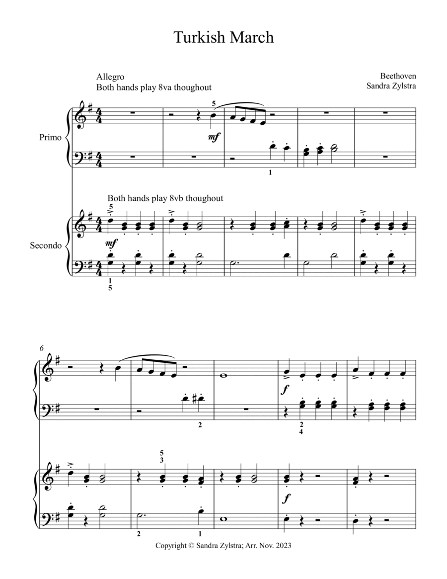Turkish March (late elementary piano duet) by Ludwig van Beethoven ...