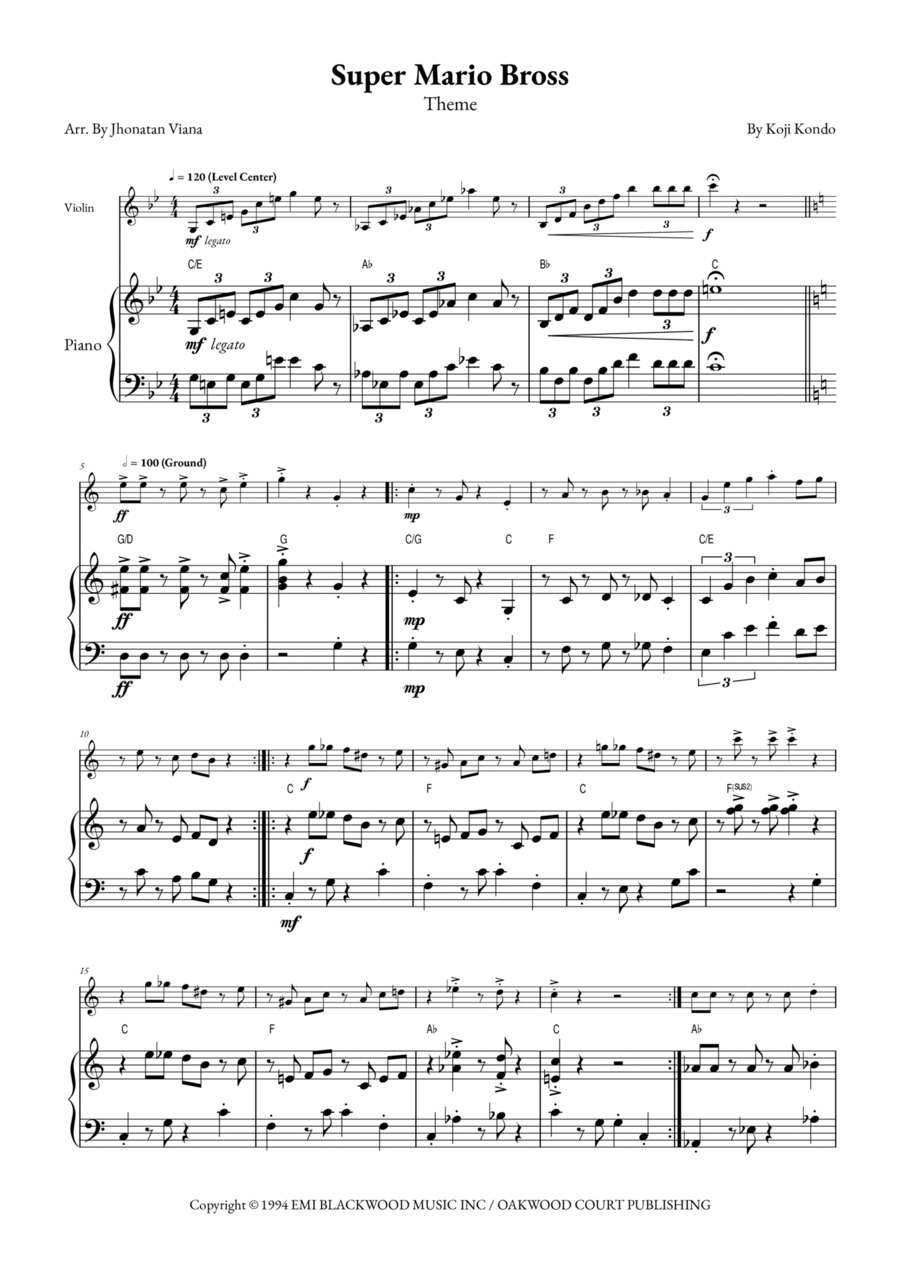 Super Mario Bros Theme - Piano, Violin Solo - Digital Sheet Music ...