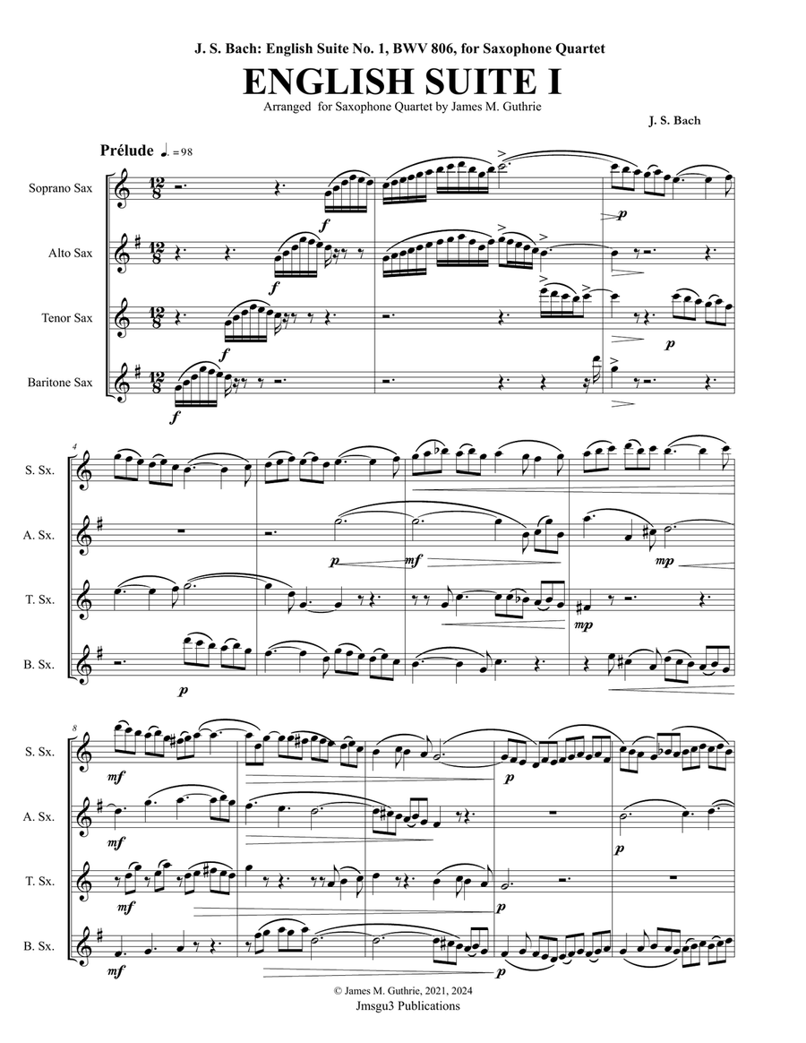 Bach: The Six English Suites Complete for Saxophone Quartet by Johann ...
