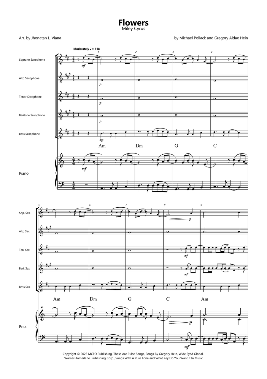 Flowers by Miley Cyrus - Tenor Saxophone - Digital Sheet Music | Sheet ...