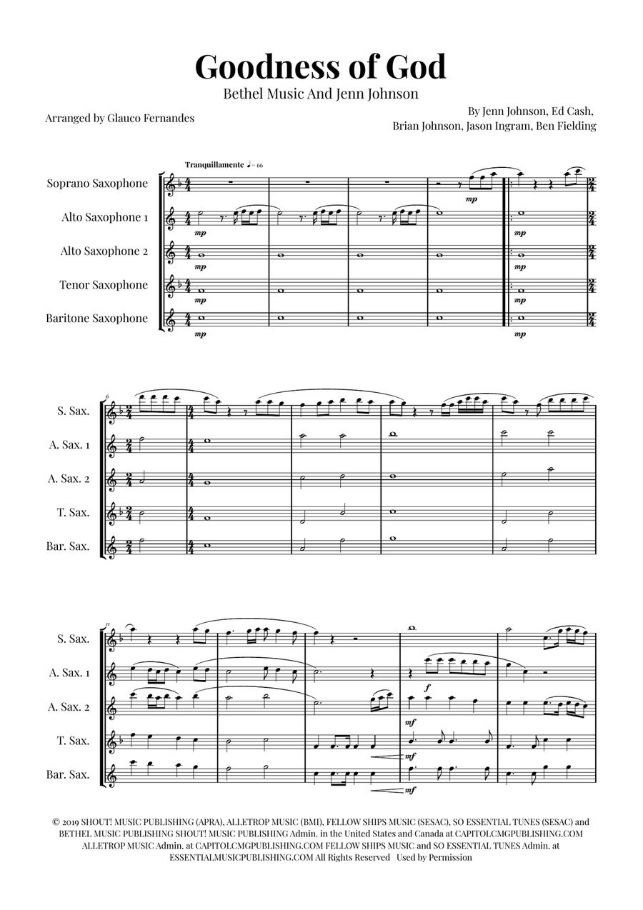 Goodness Of God by Jason Ingram - Saxophone Quintet - Digital Sheet ...