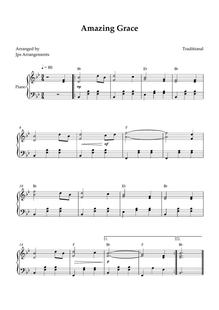 Amazing Grace - Piano Solo In Bb Major By Traditional - Piano Solo