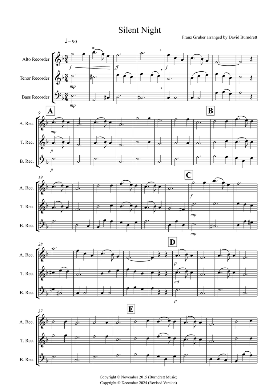 Silent Night for Alto, Tenor and Bass Recorder Trio by Franz Xaver ...