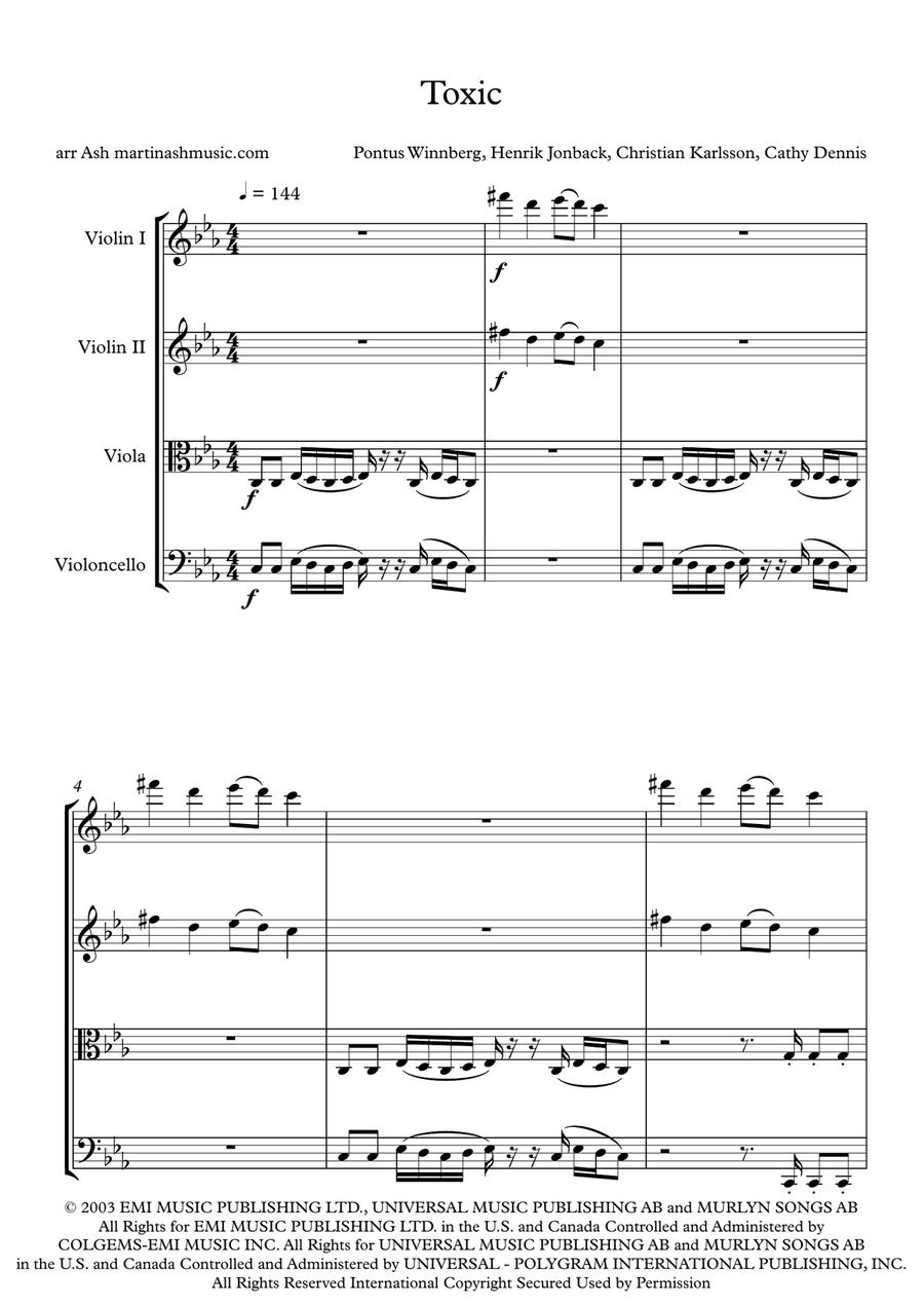 Toxic by Britney Spears - Cello, Viola, Violin - Late Intermediate ...