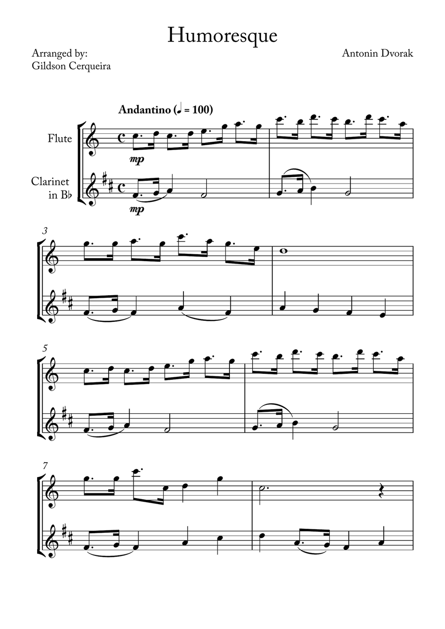 Humoresque by Antonin Dvorak - B-Flat Clarinet, Flute - Digital Sheet ...