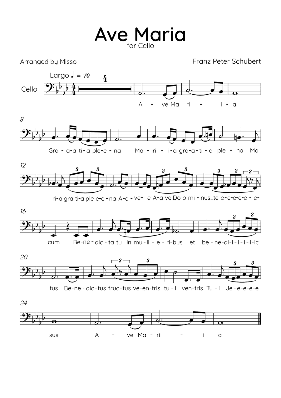 Ave Maria (Schubert) - Cello in Ab Major - Lyrics by Franz Schubert ...