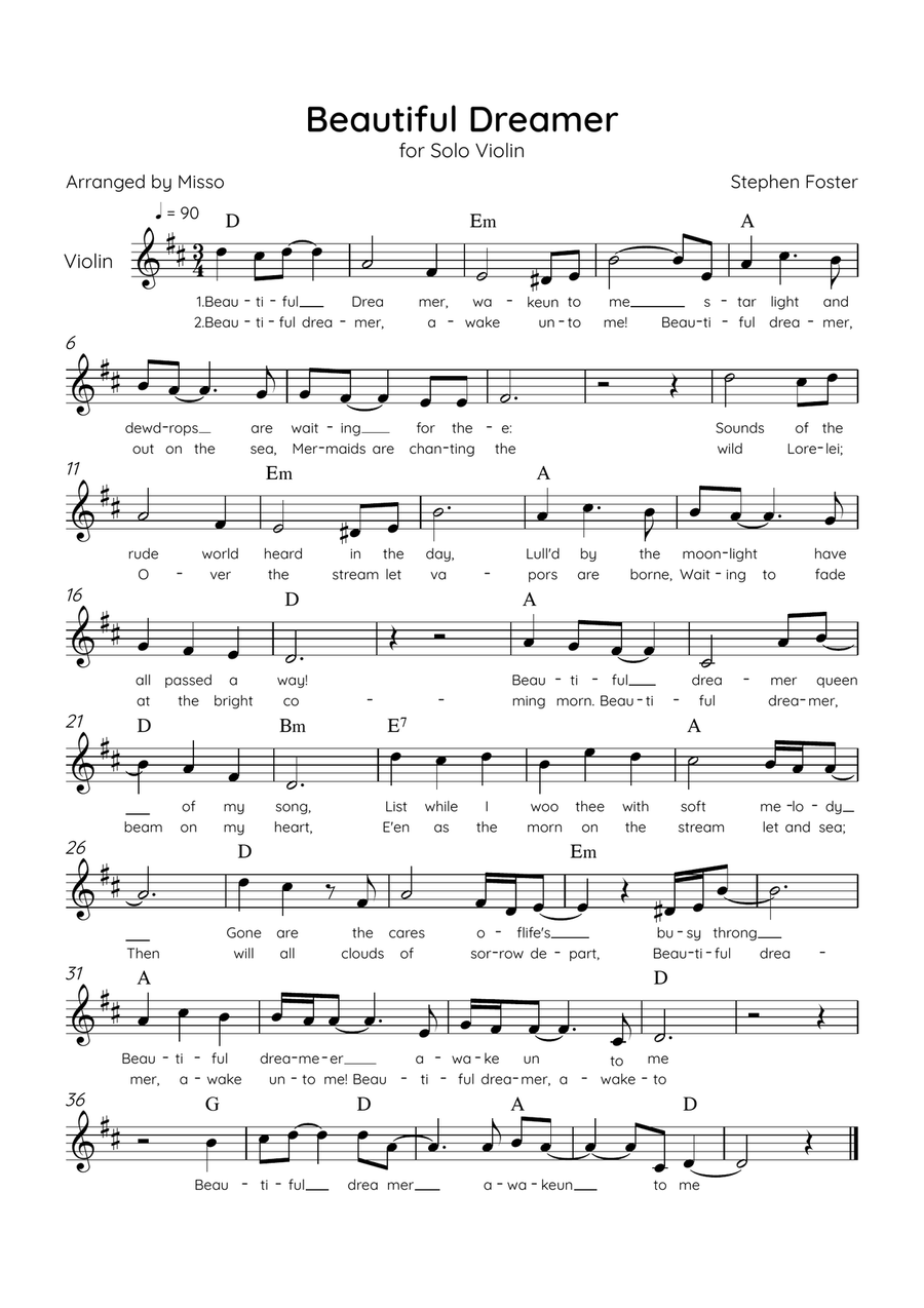 Beautiful Dreamer - Solo Violin in D Major Easy - Lyrics & Chords ...