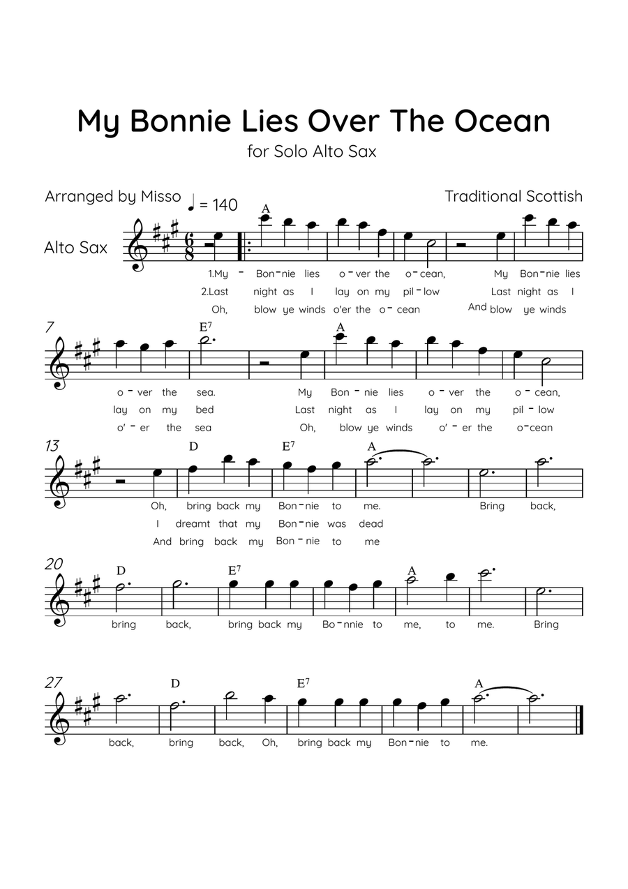 My Bonnie Lies Over The Ocean - Solo Alto Sax in C Major Easy With ...