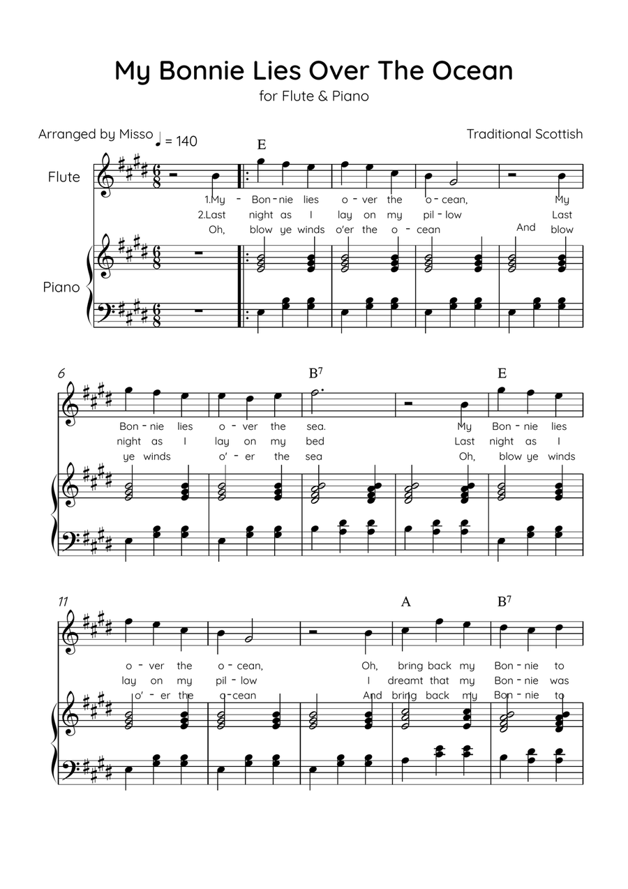 My Bonnie Lies Over The Ocean - Flute & Piano in E Major Easy With ...