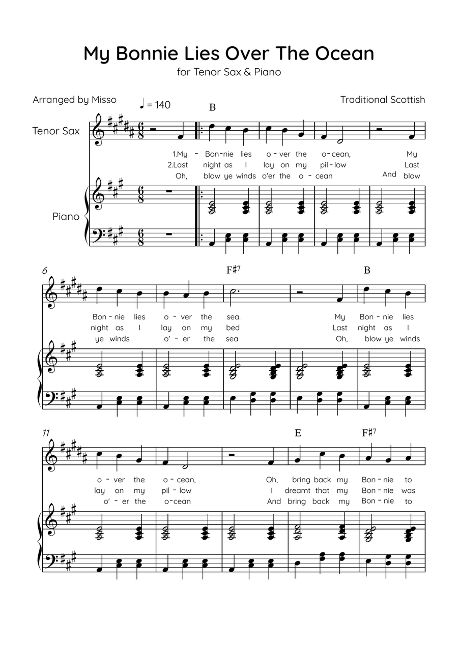 My Bonnie Lies Over The Ocean - Tenor Sax & Piano in A Major Easy With ...