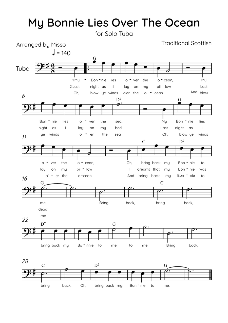 My Bonnie Lies Over The Ocean - Solo Tuba in G Major Easy With Lyrics ...
