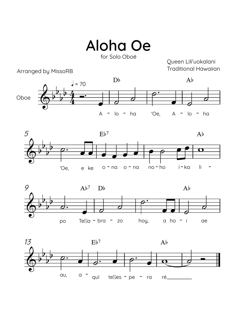 Aloha Oe - Solo Oboe in Ab Major Easy With Lyrics & Chords - Oboe Solo ...