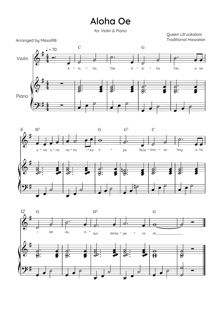 Aloha Oe - Violin & Piano in G Major Easy With Lyrics & Chords - Piano ...