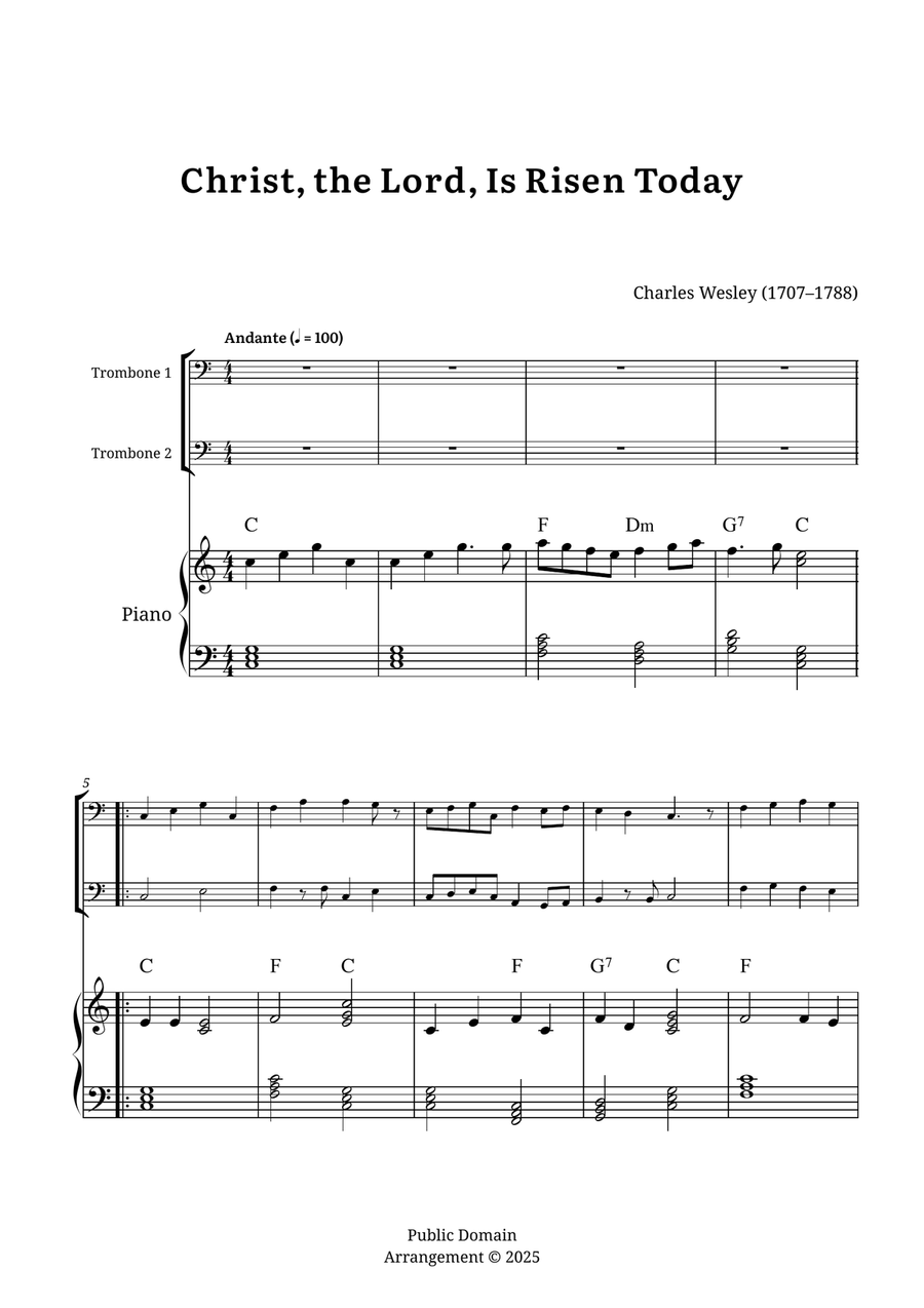 Christ The Lord Is Risen Today – Trombone Duet and Piano (C major, with ...