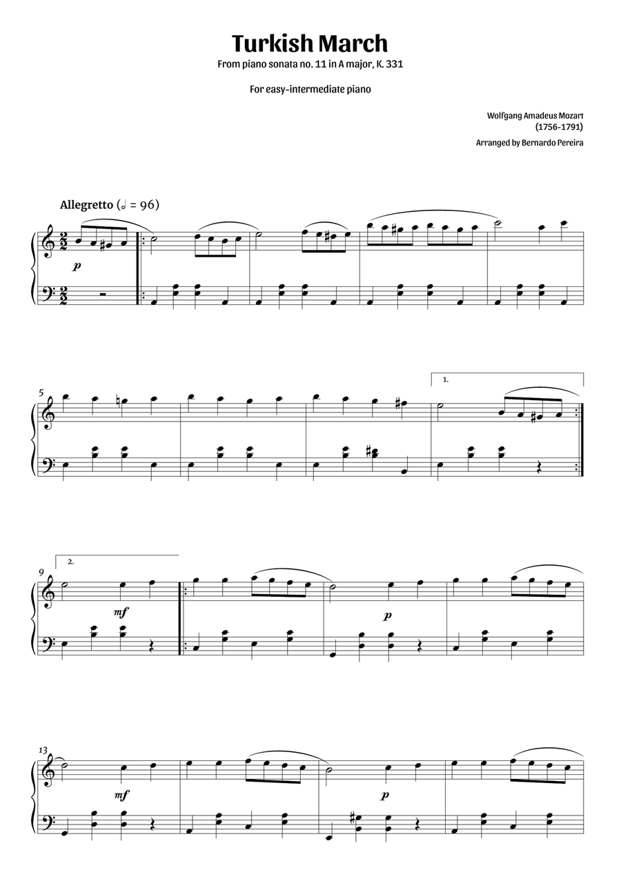 Turkish March (easy-intermediate piano – clean sheet music) by Wolfgang ...