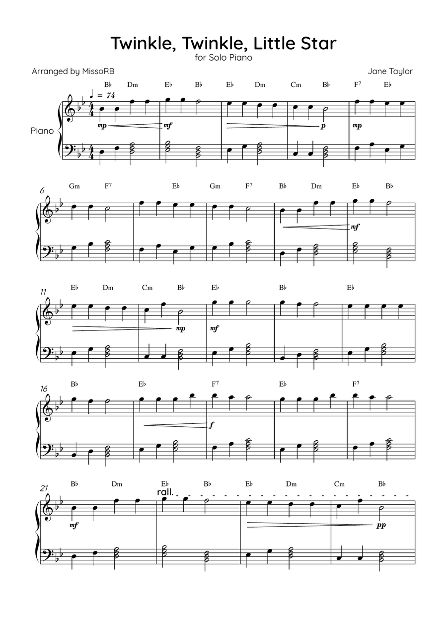 Twinkle, Twinkle, Little Star - Solo Piano in Bb Major With Chords ...