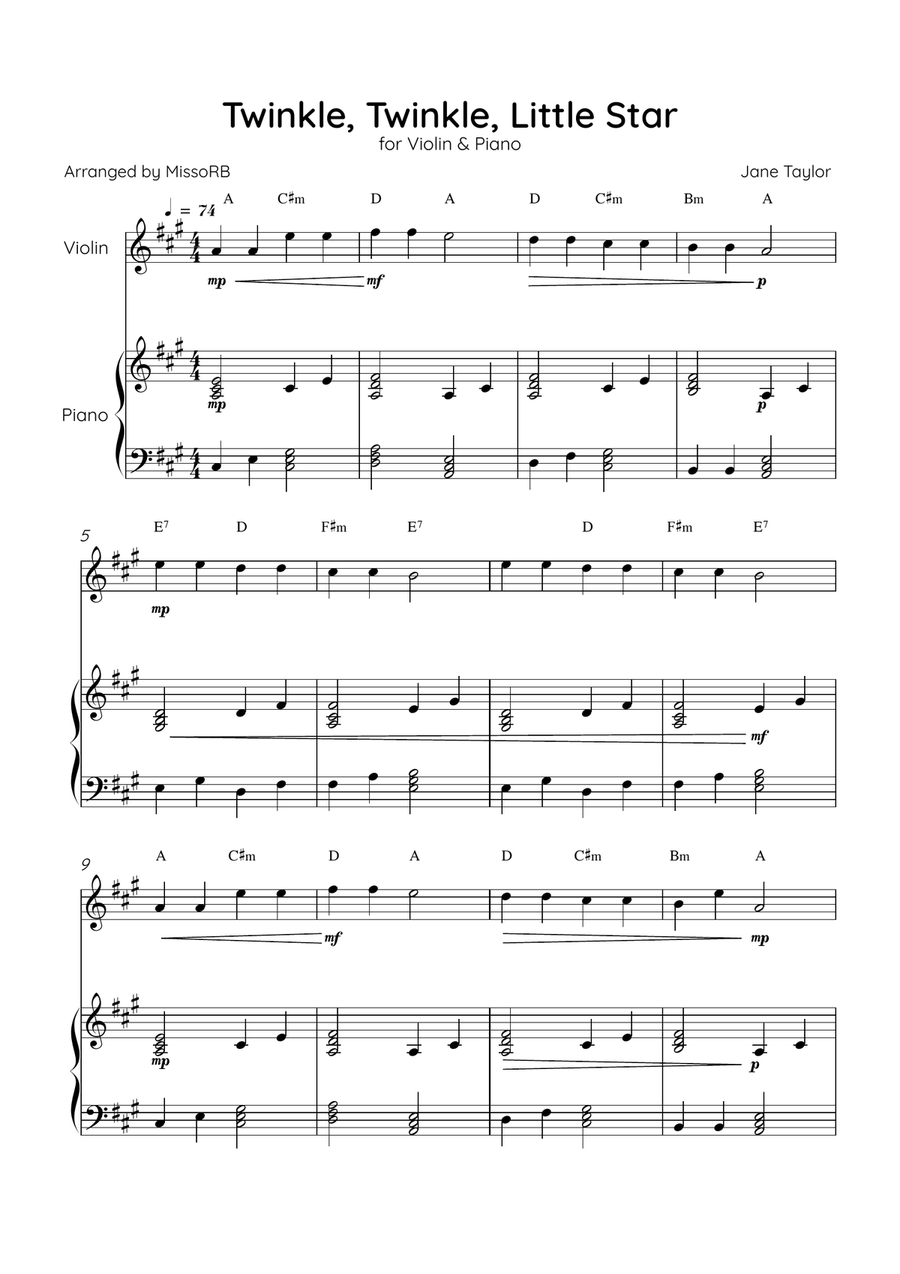 Twinkle, Twinkle, Little Star - Violin & Piano in A Major With Chords ...