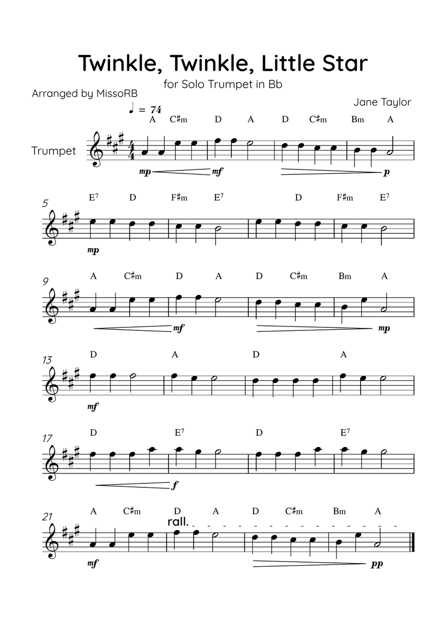 Twinkle, Twinkle, Little Star - Solo Trumpet in G Major With Chords ...