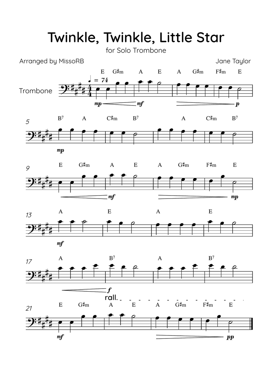 Twinkle, Twinkle, Little Star - Solo Trombone in E Major With Chords ...