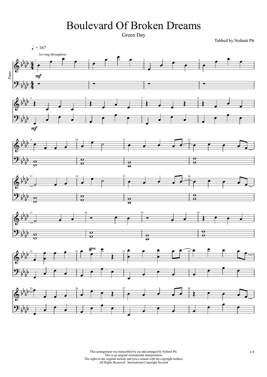 Boulevard of Broken Dreams by Green Day - Piano Solo - Intermediate ...