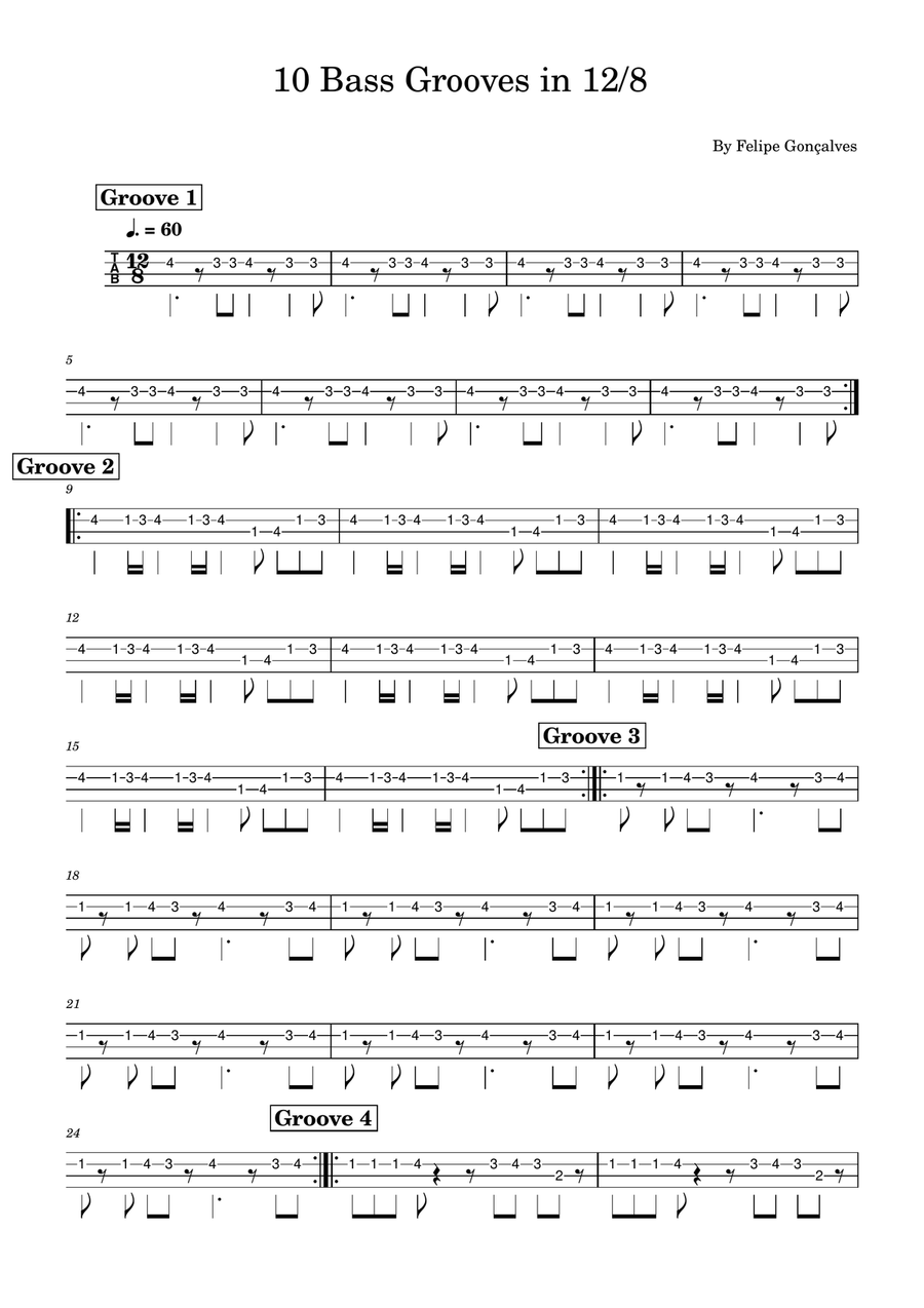 Tablature with 10 grooves for 4-string bass in E tuning in 12/8 and the ...