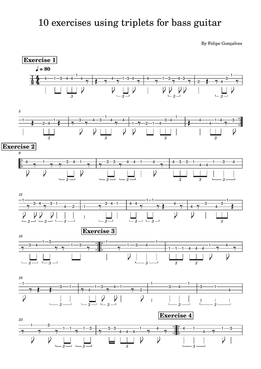 10 exercises using triplets for bass guitar with tab in the key of F# ...