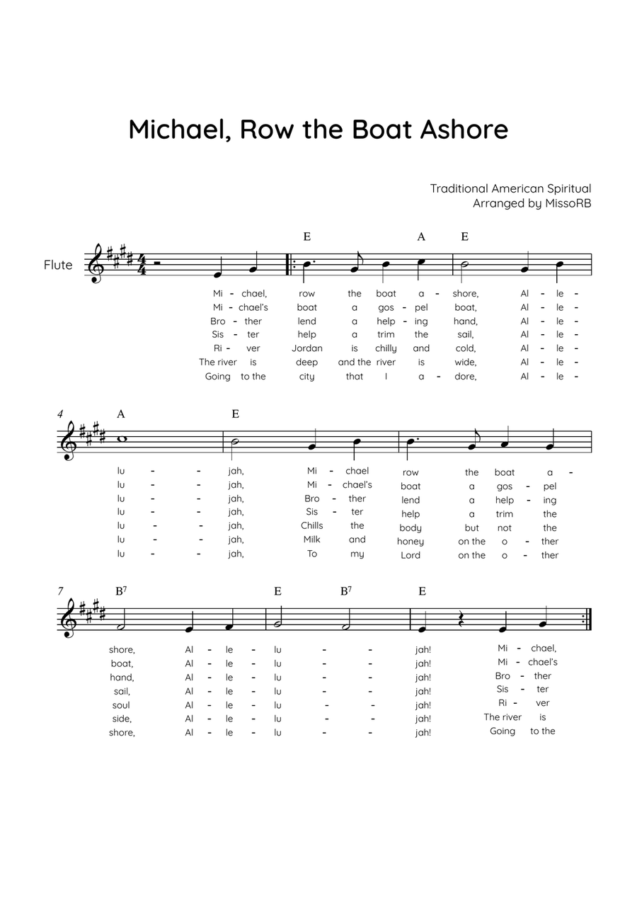 Michael, Row the Boat Ashore - Flute in E With Chords & Lyric - Easy by ...