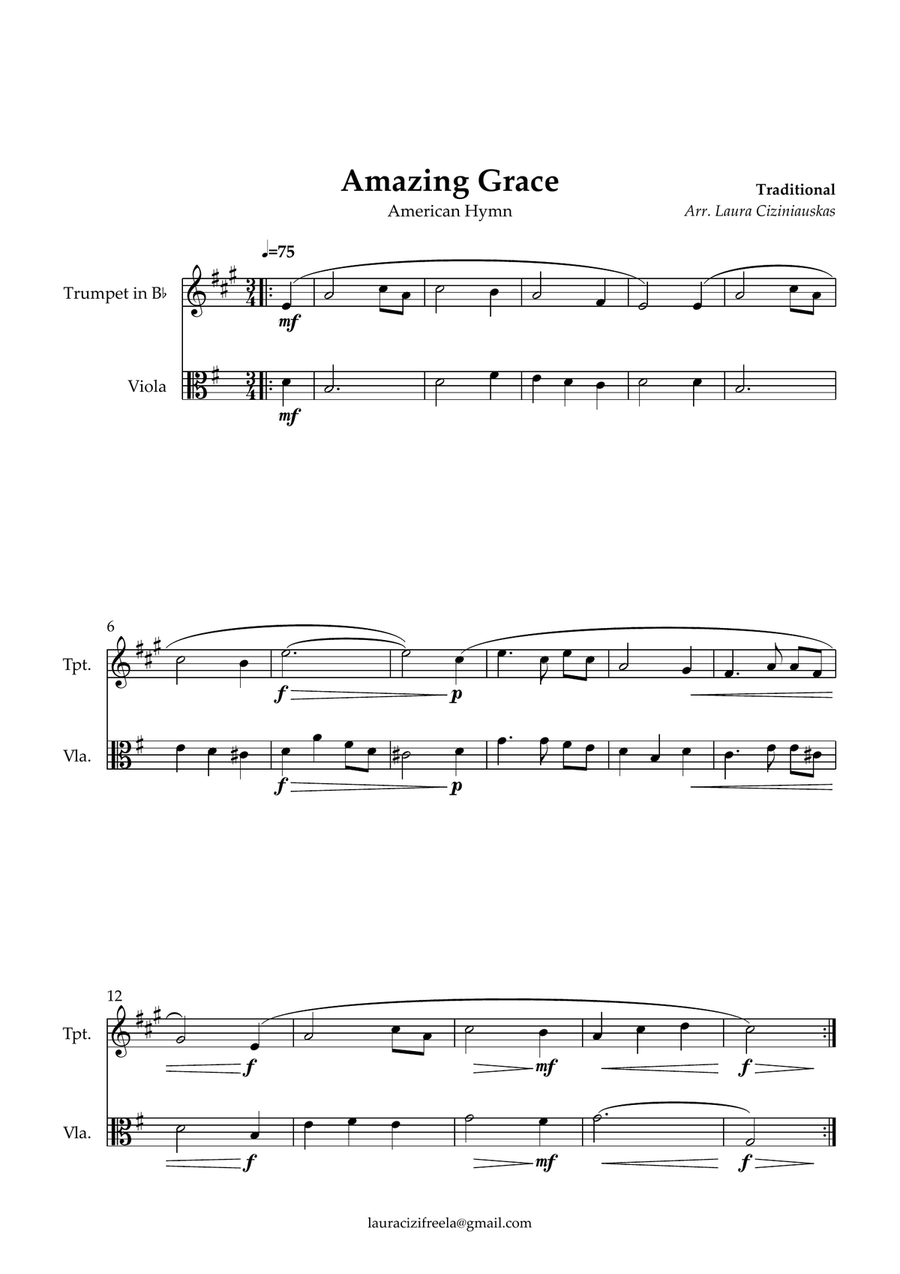 Amazing Grace – Easy Traditional Trumpet and Viola Duet G Major ...