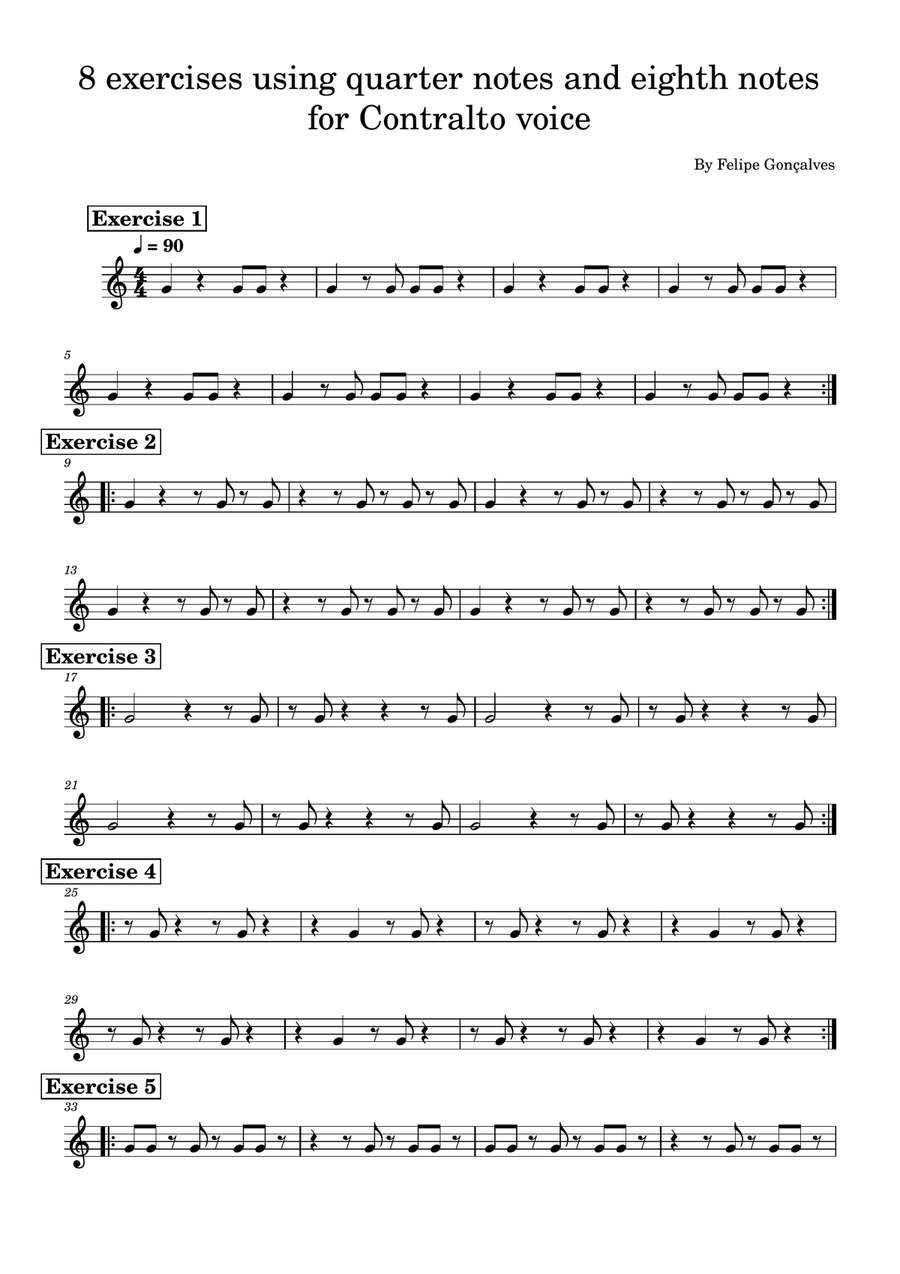 8 exercises using quarter notes and eighth notes for Contralto voice ...